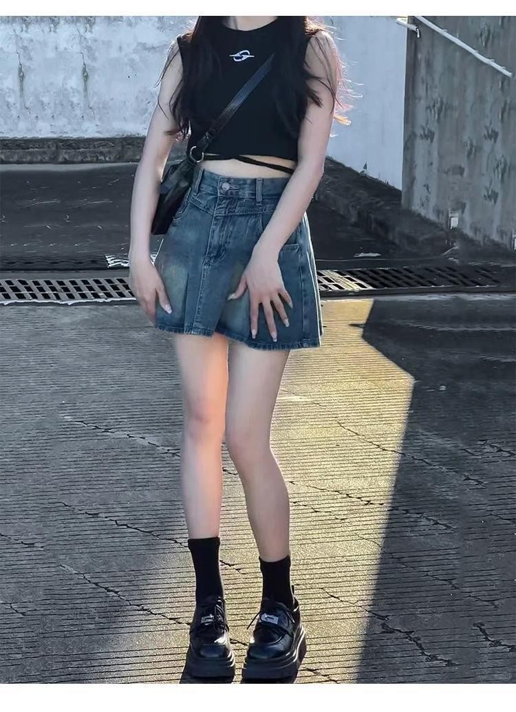 Korean Summer Women Retro Blue Denim Pleated Mini Skirt Cotton Plus ...