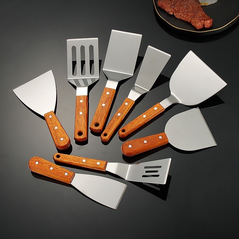 Wooden Handle Stainless Steel Frying Spatula For Cooking Tepanyaki ...