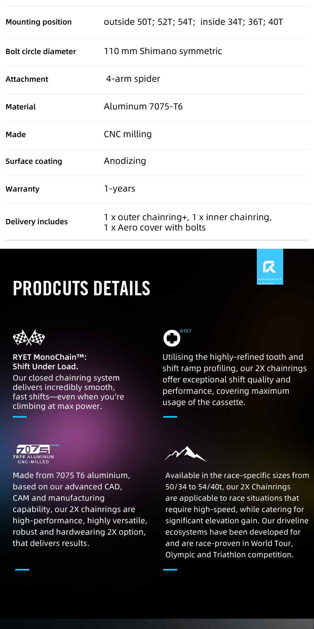 RYET Aero Design Road Chainring 3 Sizes 50-34T/52-36T/54-40T Compatible ...