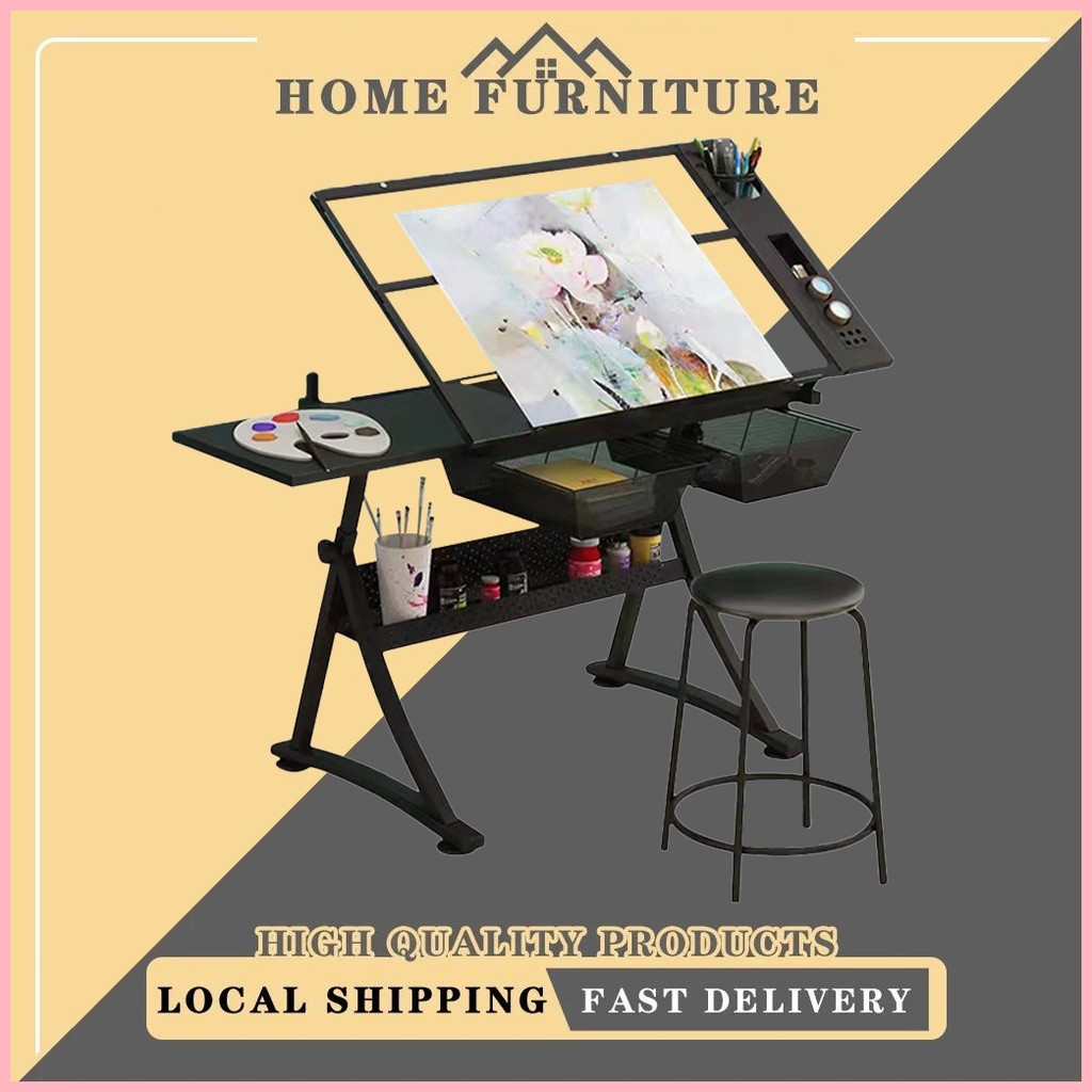 Drafting glass table with extra side table drawers and leather padded ...