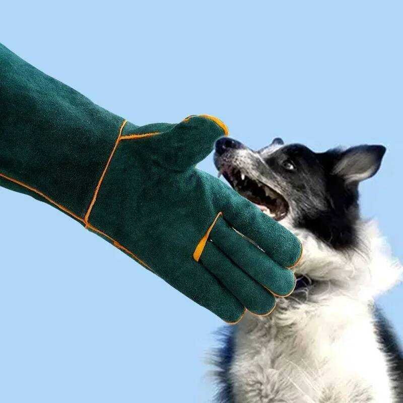 Bite Proof Animal Grooming Gloves Double Leather Reinforced Padding Dog ...