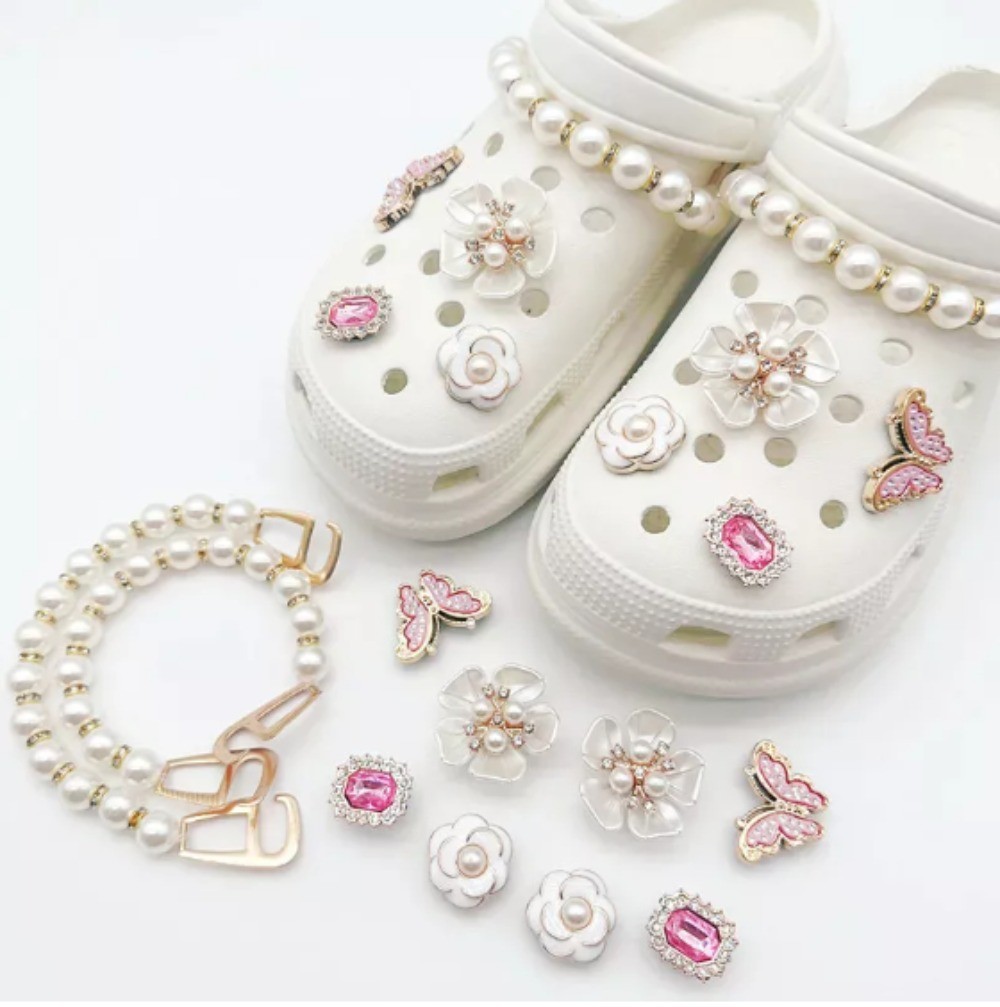 Cross Jibbilz charms shoe 10-Piece – Pearl chain pink diamond butterfly ...