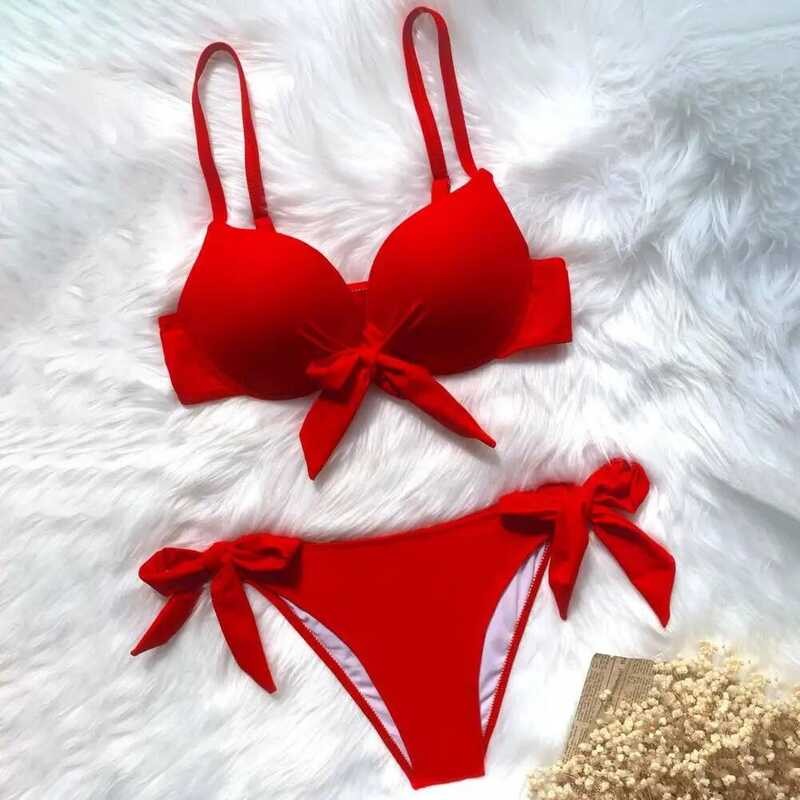 Xj Front Bow Knot Push Up Bikinis Two Pieces Solid Swimsuit Tie Bikini ...