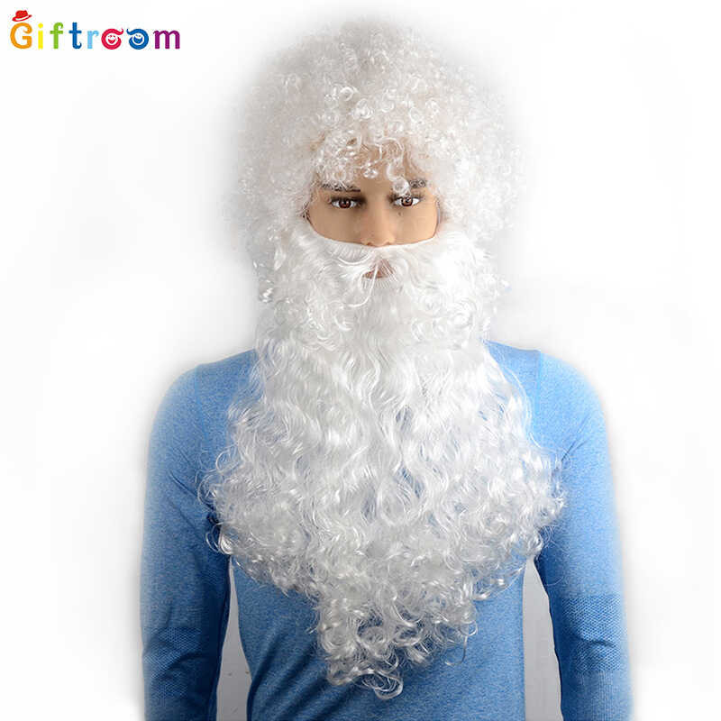Santa Claus White Beard White Long Curly Wig Mustache Big Beard Old Man ...