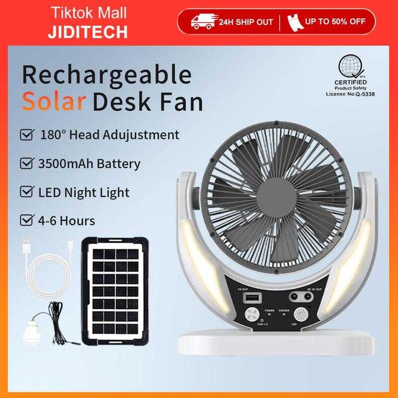 Dec Jiditech Rechargeable Solar Desk Fan With Panel Bulb Type-C Cable ...