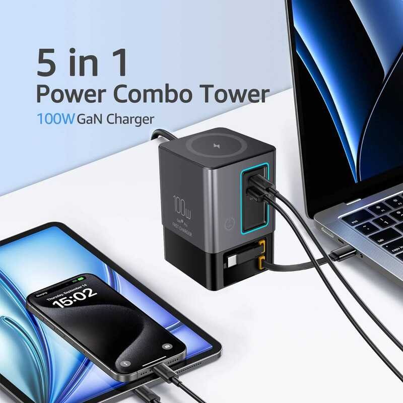 100W 5-In-1 Charging Station With Retractable Usb-C Cable Power Combo ...