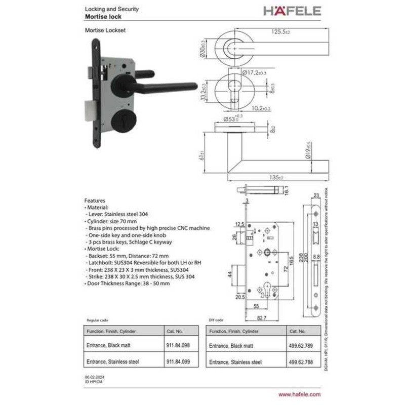Hafele Mortise Lever Lockset Stainless Steel Matt | Shopee Philippines