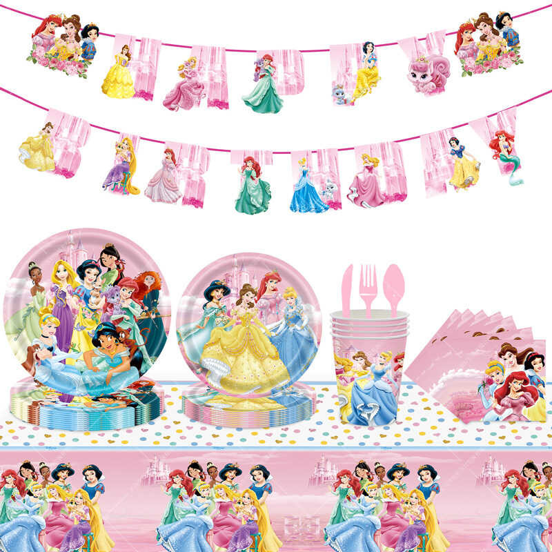 New Pink Six Princesses Romance Elsa Paper Cups Paper Plates Tablecloth ...