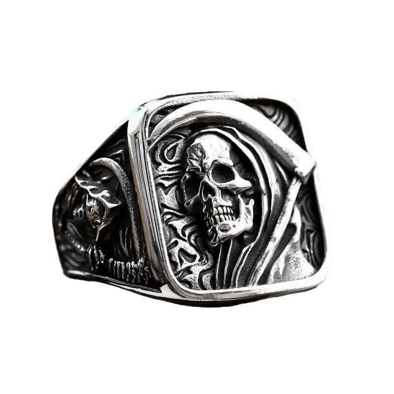 9 Trend Brand Hip-Hop Gothic Scythe Death Skull Square Signet Ring Men ...
