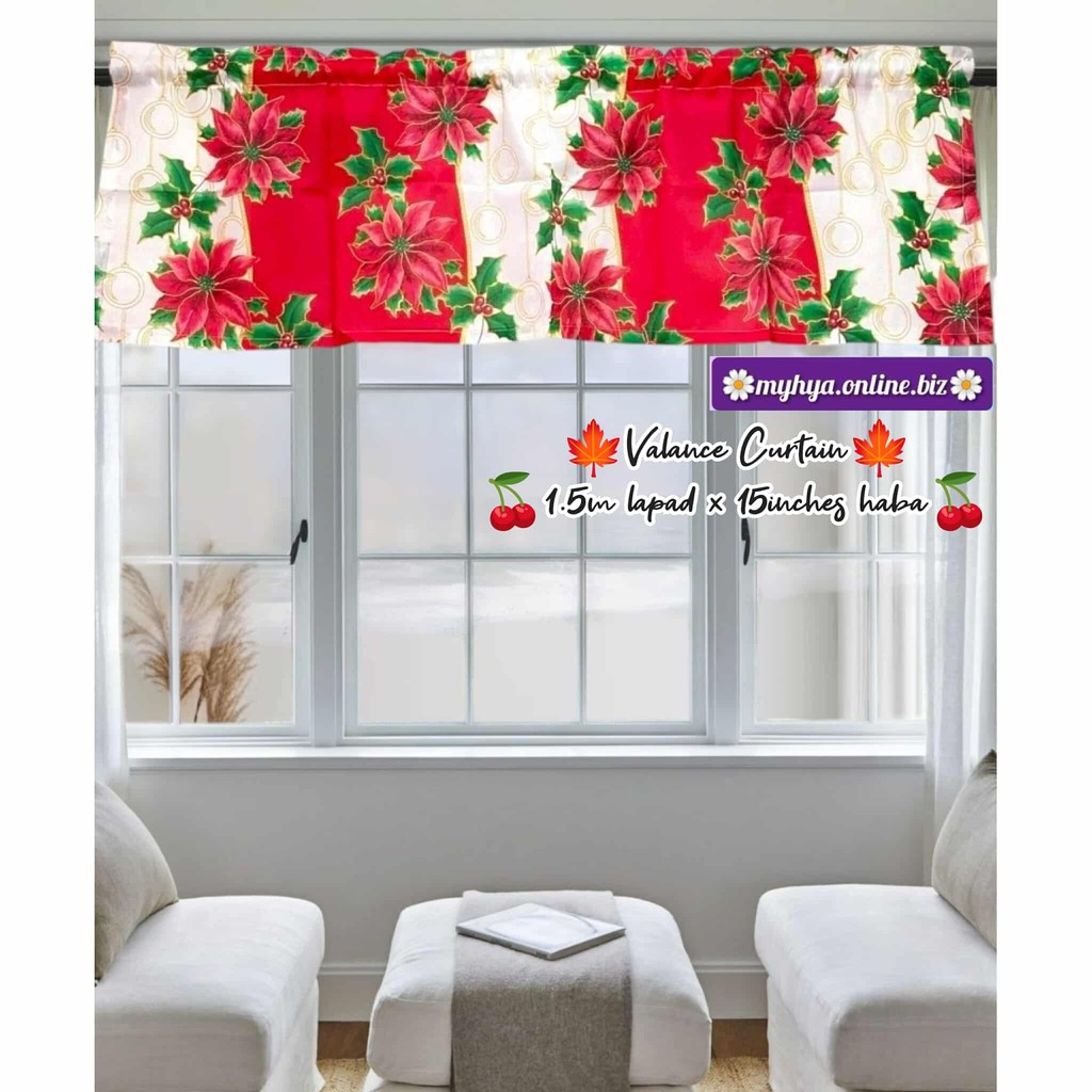 Christmas Curtains Red Poinsettia Design Valance or Small Kurtina 1 ...