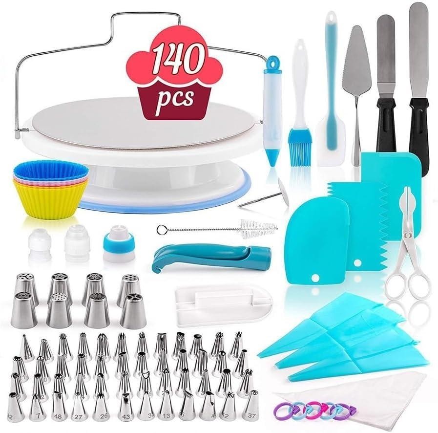 140PC Professional Cake Decorating Kit-Non-Slip Turntable Stand with Piping Tips Complete Baking ...