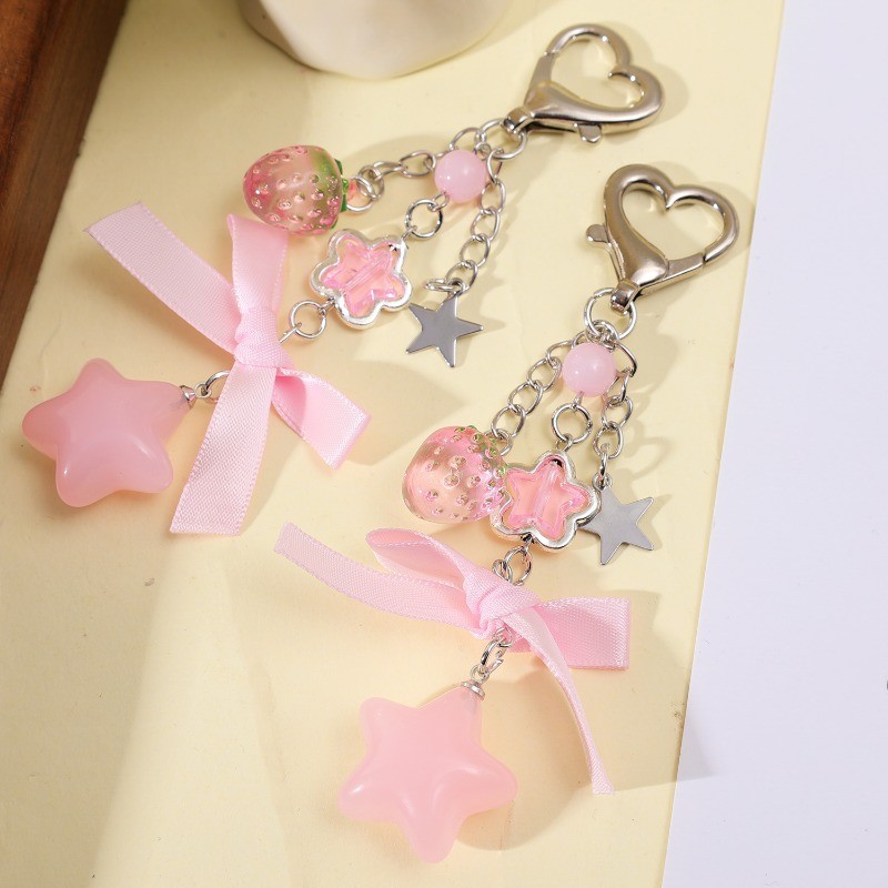 Y2K Fashion Sweet Pink Peach Pendant Keychain Star Strawberry Bowknot ...
