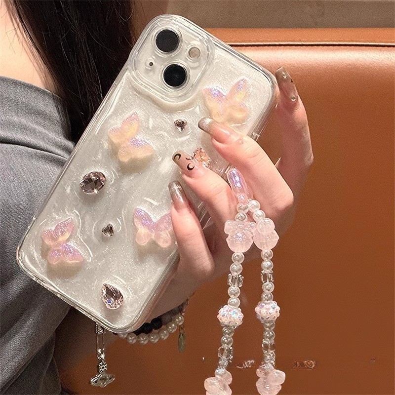 3D Drip Glue Diamond Butterfly Bracelet Phone Case For iPhone17 Pro Max 17 Air 16Plus 15 14 13 ...