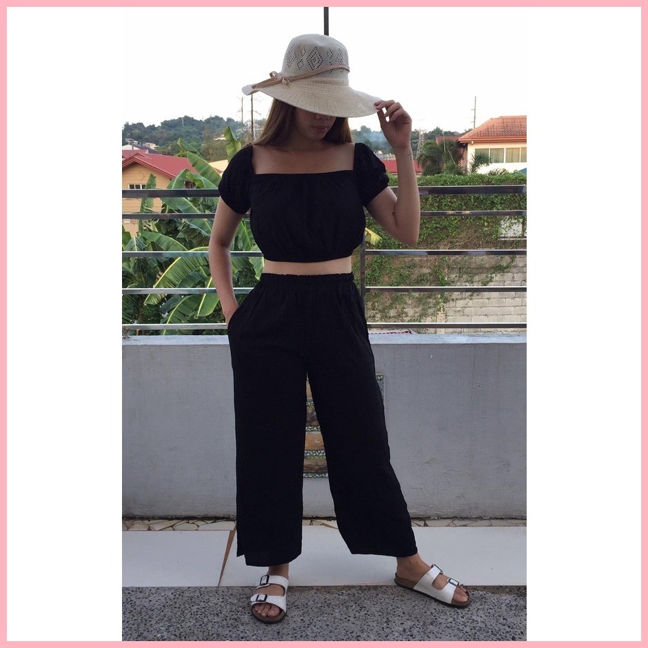 Challis Puff Sleeve Crop-top Squarepants Terno | Shopee Philippines