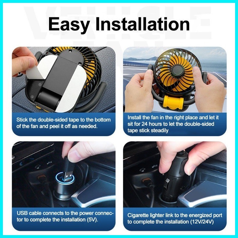 Car Electric Fan 360 Degrees Adjusted 12V 24V USB Car Dashboard Fans ...