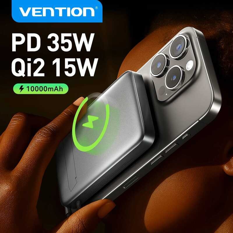 Vention 10000mAh 35W Qi2 Magnetic Power Bank with Built-in USB-C Cable ...