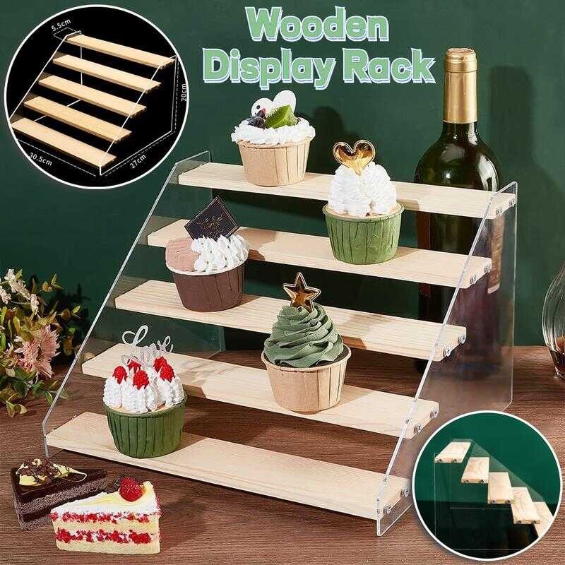 2-5 Layer Ladder Acrylic Display Rack Organizer Wooden Food Dessert ...