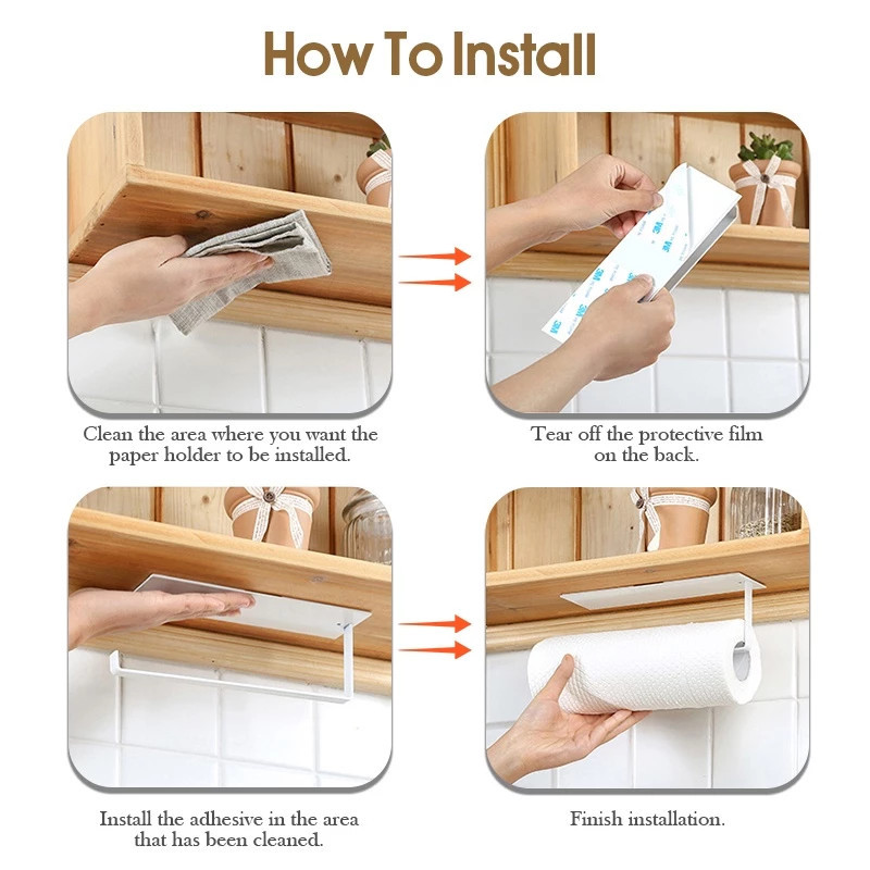 Kitchen Tissue Holder Under Cabinet Paper Roll Rack Self Adhesive Towel ...