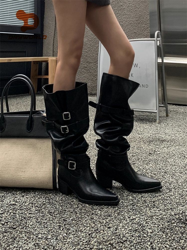 Autumn Winter Big Tube Pile Boots Thick Heel Pointed Toe Belt Buckle ...