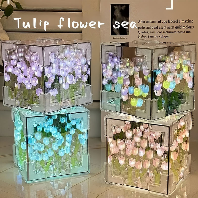 DIY Tulip Mirror Cube Lamp Flower Table Lamp Handmade Valentine's Day ...