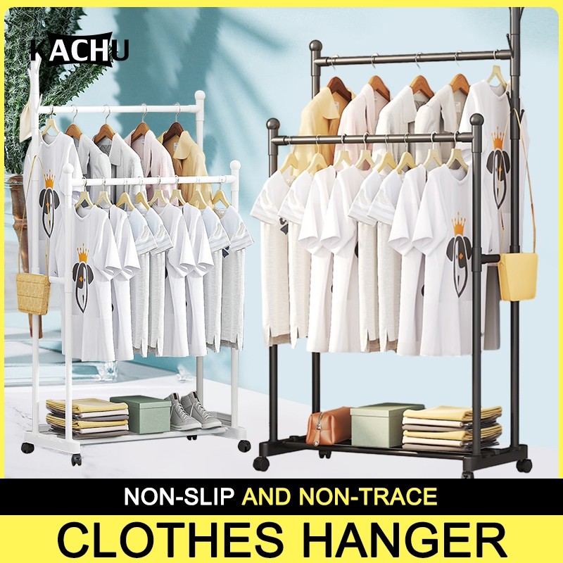 clothes rack with wheels Indoor Double Pole Telescopic Clothes Line and ...