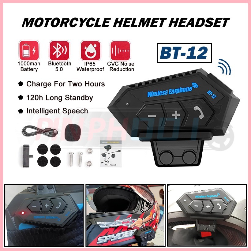 BT12 Bluetooth 5.0 EDR Motorcycle Helmet Headset Bass Sound Motorbike ...