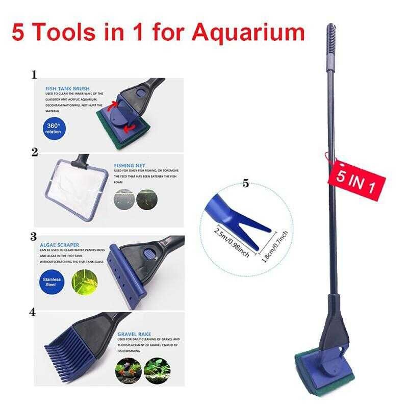5 In 1 Aquarium Tank Set Sponge Brush Fish Net Gravel Rake Algae ...