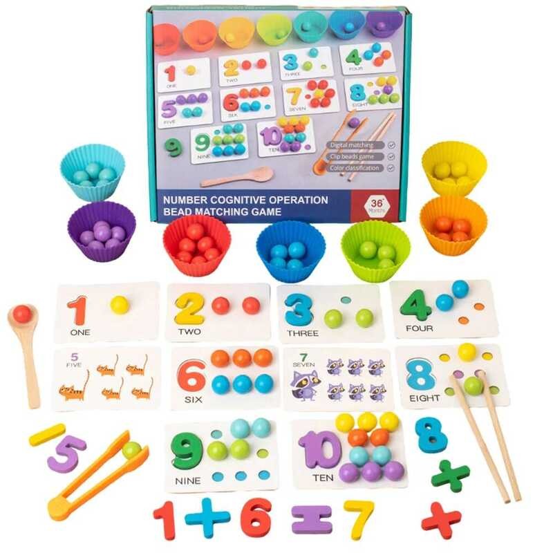 W Toddler Wooden Montessori Number Crunching Clip Bead Matching Game ...