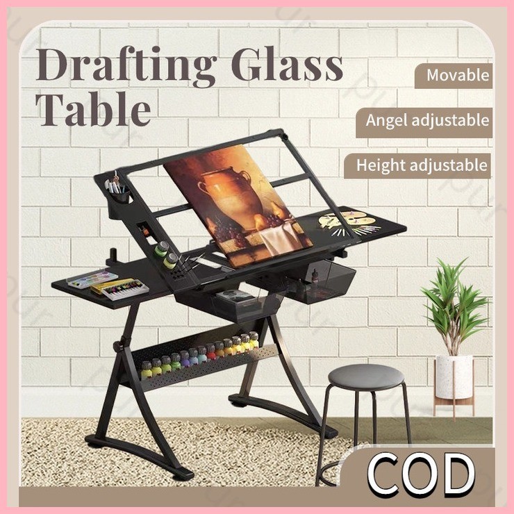 Drafting Glass Table With Side Table Drawer and Padded Stool Student ...
