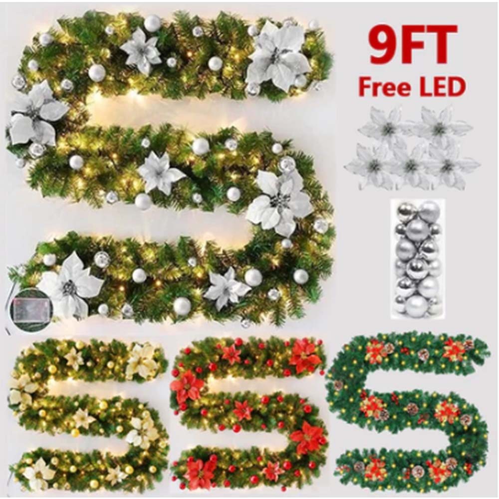 6/9FT Christmas Garland Decorations for Home With Berries Flower Lights ...