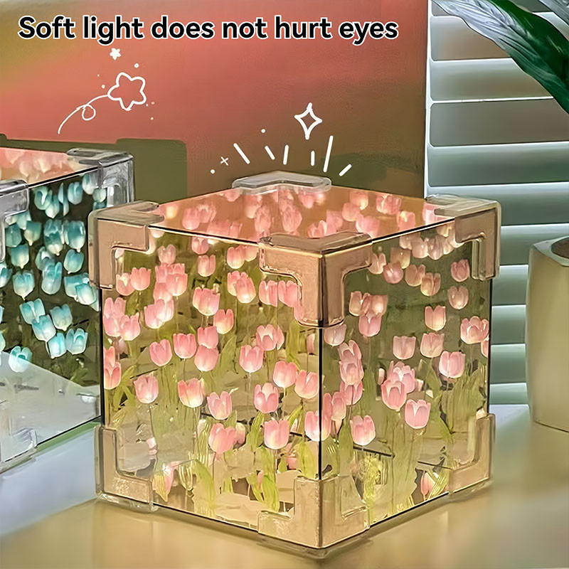 DIY Tulip Mirror Cube Lamp Flower Table Lamp Handmade Valentine's Day ...