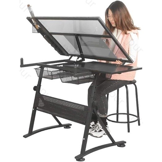 Drafting Glass Table With Side Table Drawer and Padded Stool Student ...