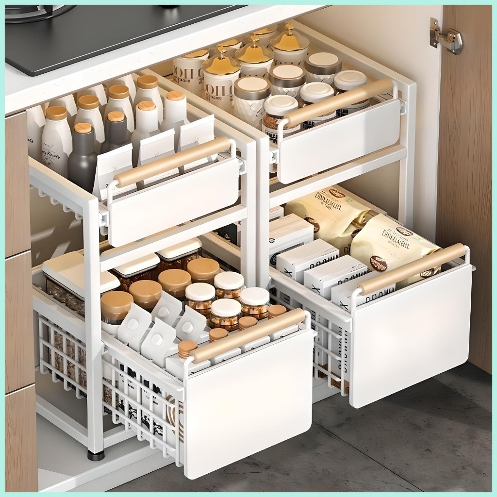 White Under Sink Rack Pull Out Storage Rack Organizer Kitchen Storage ...