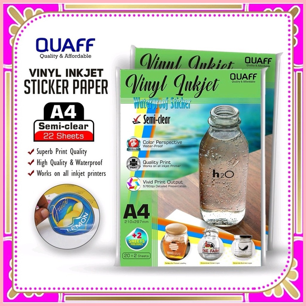 QUAFF Vinyl Inkjet Sticker Waterproof A4 Size ( 20 Sheets PER PACK ...