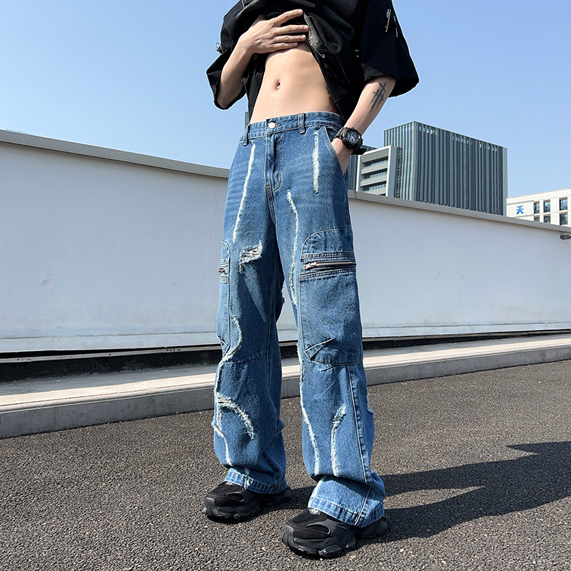 Frayed American Style Ruffian Handsome Overalls Jeans Men High Street ...
