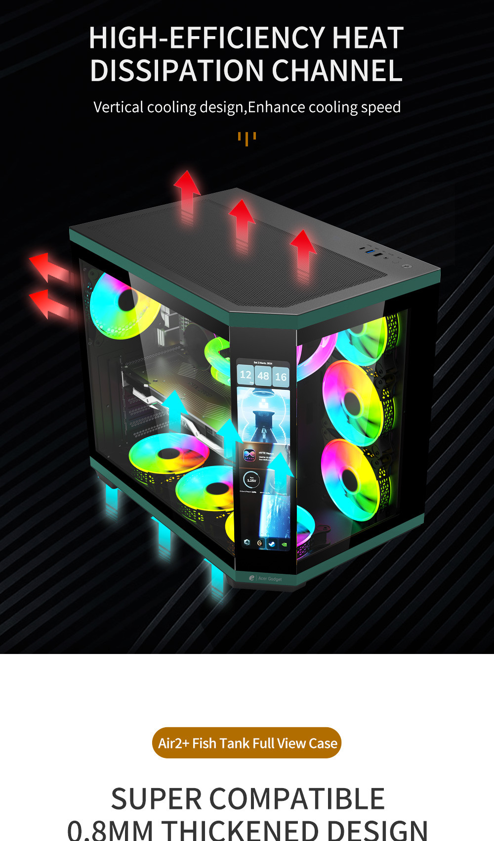 Acer AIR2 Gaming PC Case with Screen and Tempered Glass, 270° Panoramic ...