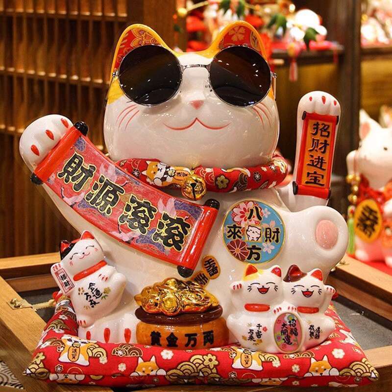 ☑♥ Ceramic Lucky Cat Figurine Large 11 Inch Lucky Cat Beckoning ...