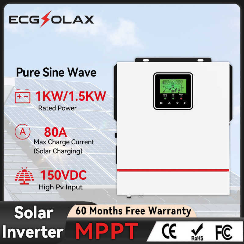 Ecgsolax 1Kw 1.5Kw Off-Grid Hybrid Solar Inverter 12V 24V 220V Pure Sine Wave Inverter MPPT 80A ...