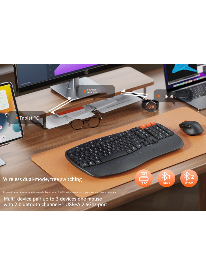Ergonomic Dual-mode Keyboard and Mouse Set, Bluetooth Wireless Vertical ...