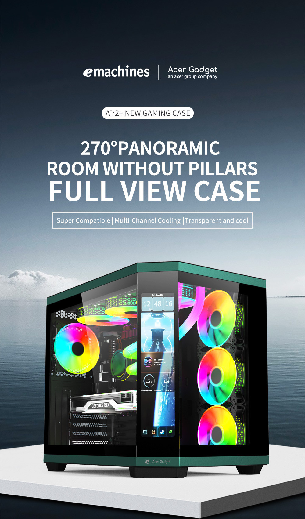 Acer AIR2 Gaming PC Case with Screen and Tempered Glass, 270° Panoramic ...