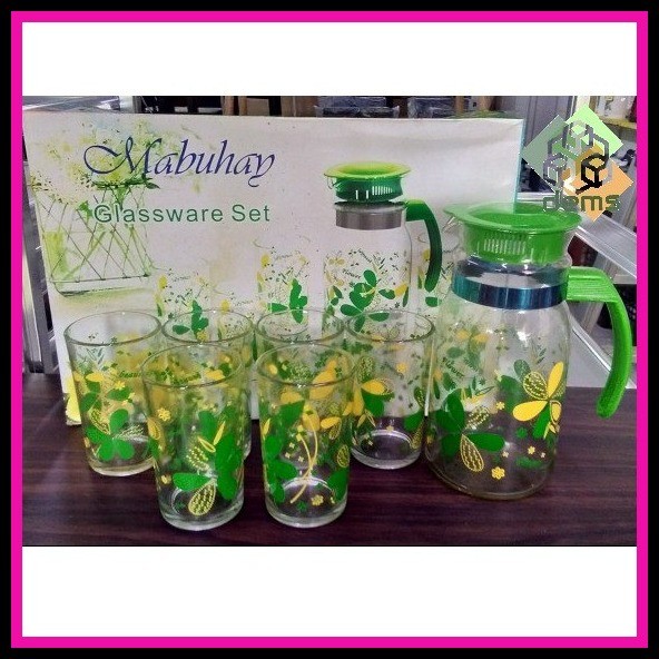 SET OF SEVEN 6 GLASS 1 PITCHER MABUHAY GLASS DRINKING GLASSWARE SET ...