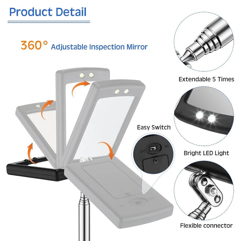 360 Degree Telescopic Inspection Mirror LED Light Telescoping Mirrors ...