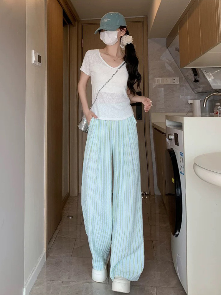 PUDDING Long Pants Smocked Waist Minimalist Pastel Striped Pattern Can ...