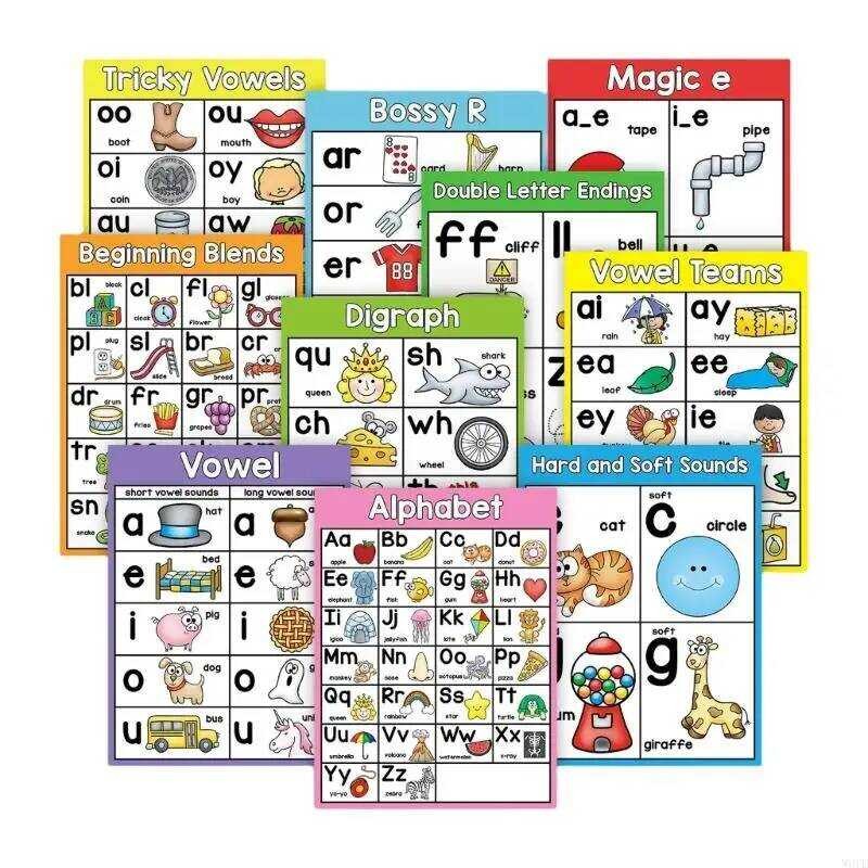 W 10Pieces Eduional Poster Basic Phonics Learning Chart Picture Card ...