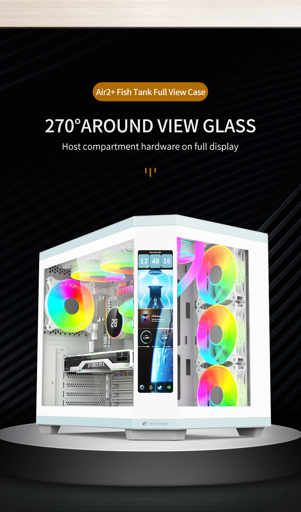 Acer AIR2 Gaming PC Case with Screen and Tempered Glass, 270° Panoramic ...