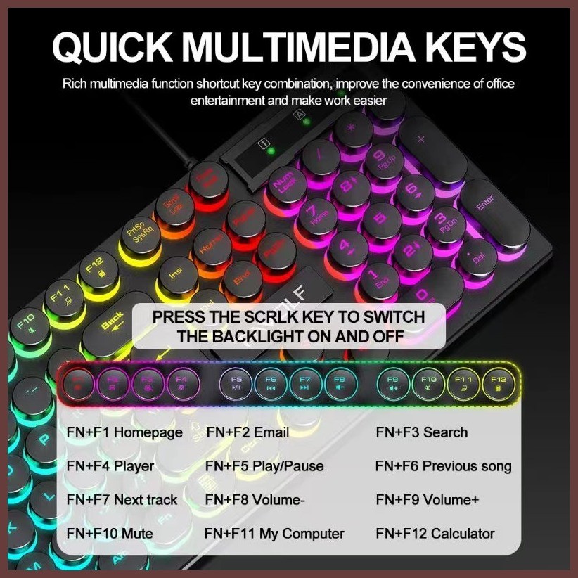 Round Keycaps Retro Punk RGB Backlit Gaming Keyboard USB Wired Semi ...