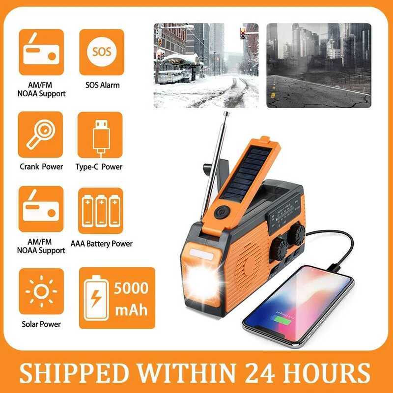 5000mAh Portable Hand Crank Solar USB Charging AM/FM/WB NOAA Weather ...