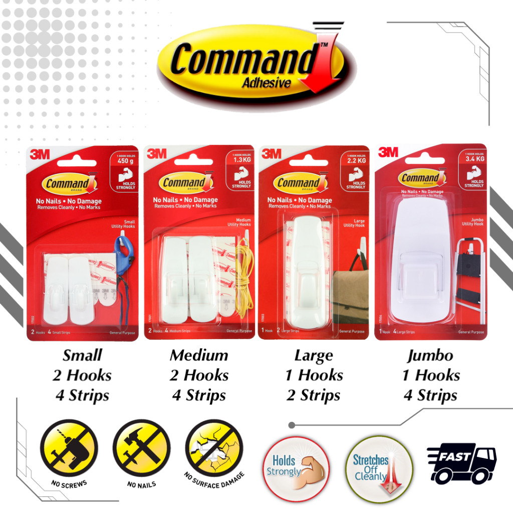 3M Command Utility Hooks Wall Adhesive ( Small / Medium / Large / Jumbo ...