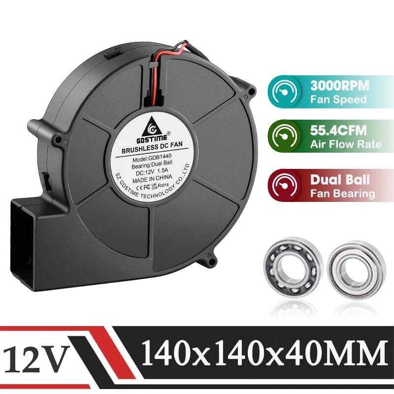 140MM GDSTIME Turbo Blower DC 12V Fan 140x40MM Dual Ball Brushless ...