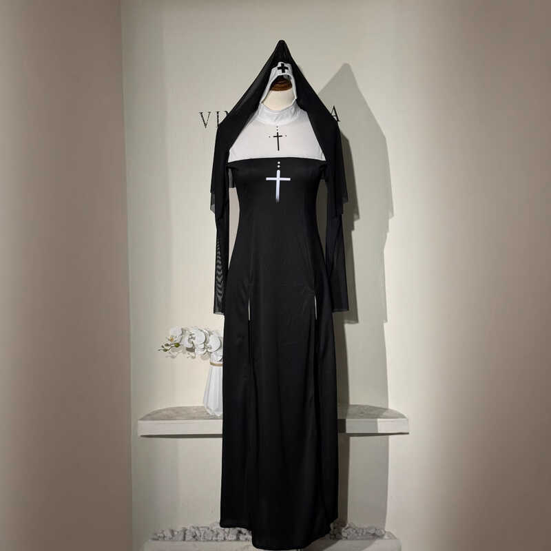 New Black High Slit Nun Cosplay Dress Halloween Role Play Costume ...